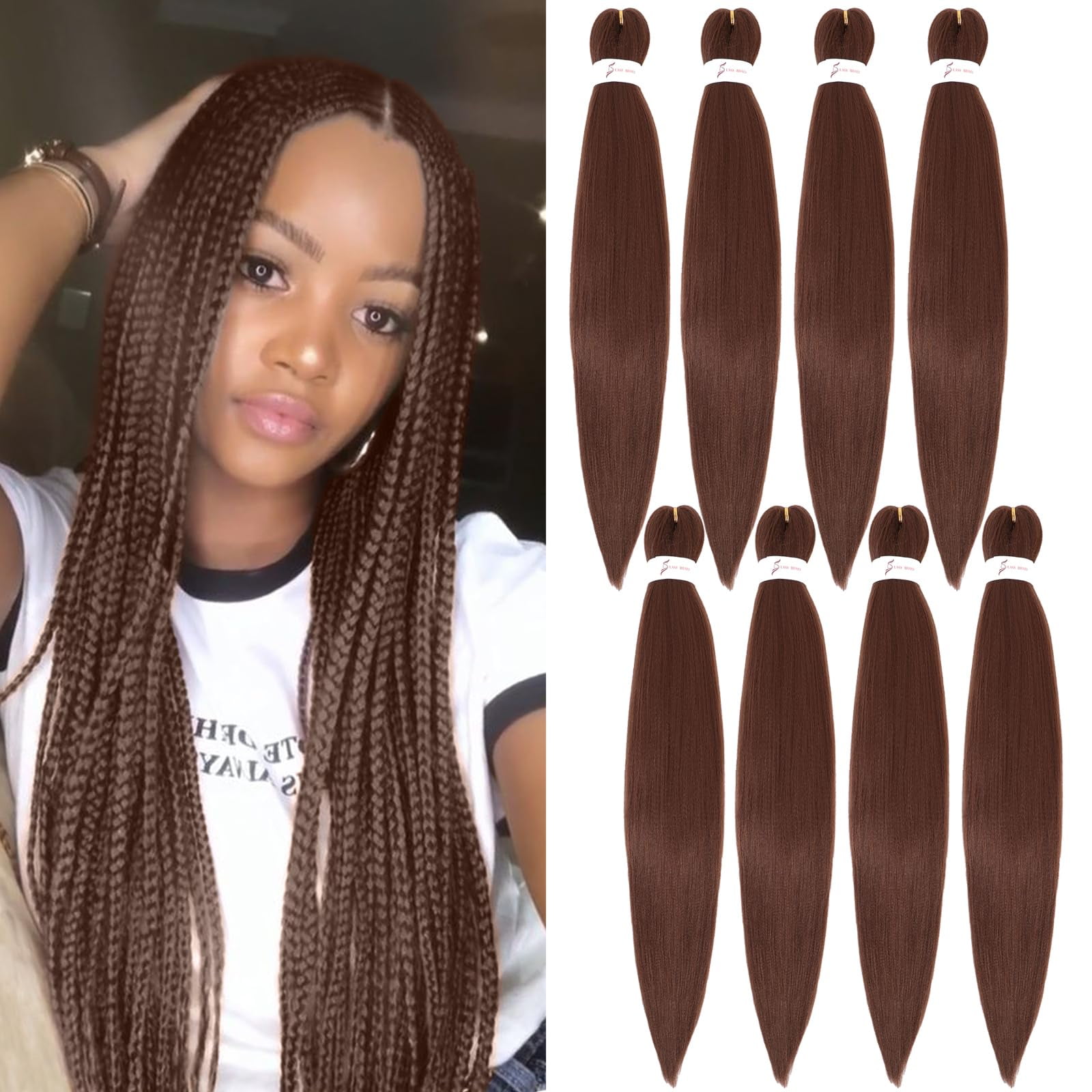 Pre-Stretched Braiding Hair 26 Inch 8 Packs Brown Braiding Hair Pre Stretched for Twist or Box ...