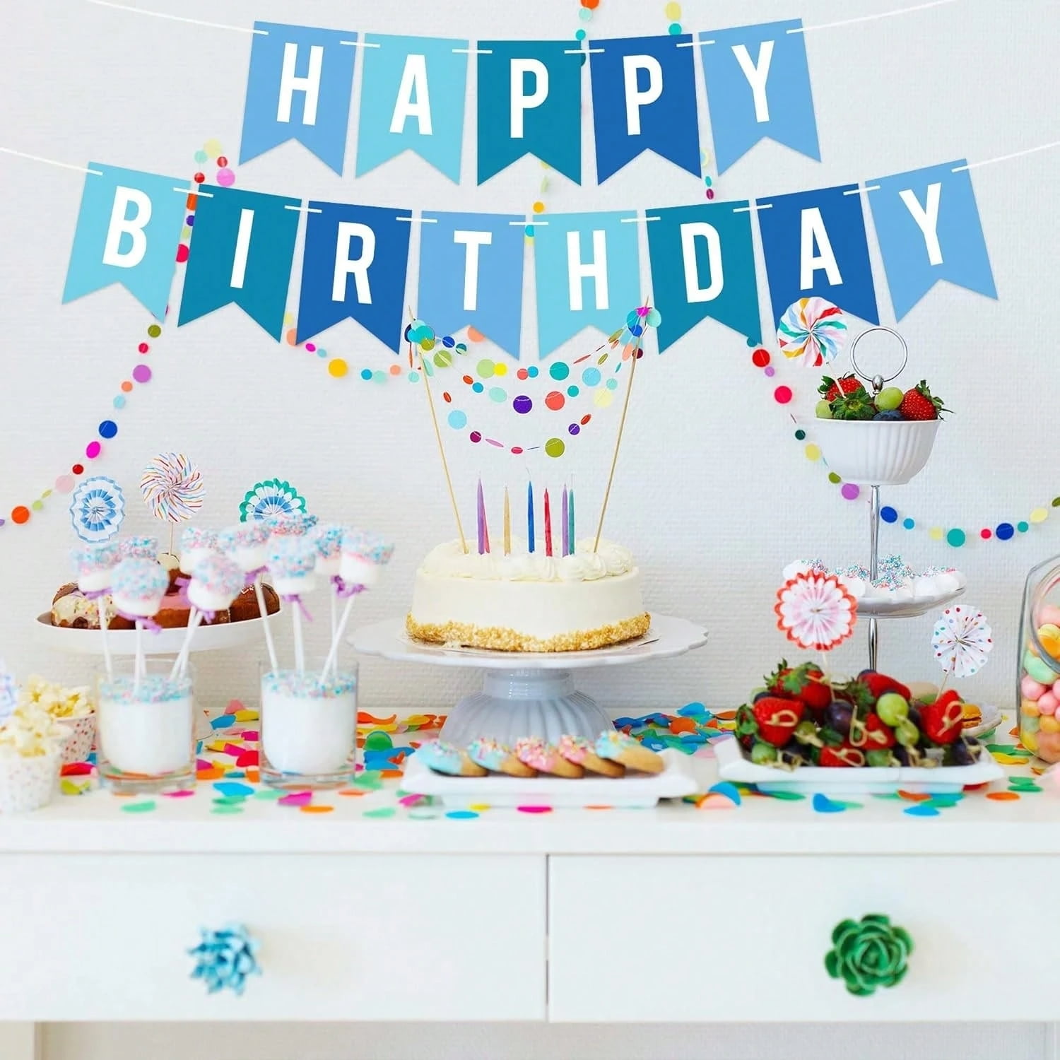 Pre-Strung Happy Birthday Banner - No DIY, Blue Multi-Color Party ...