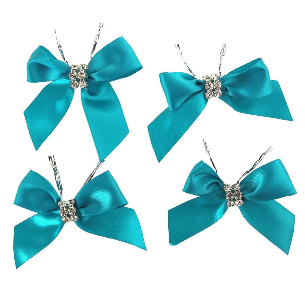 Pre-Tied Satin Bows with Rhinestone, 3-Inch, 4-Piece, Turquoise ...
