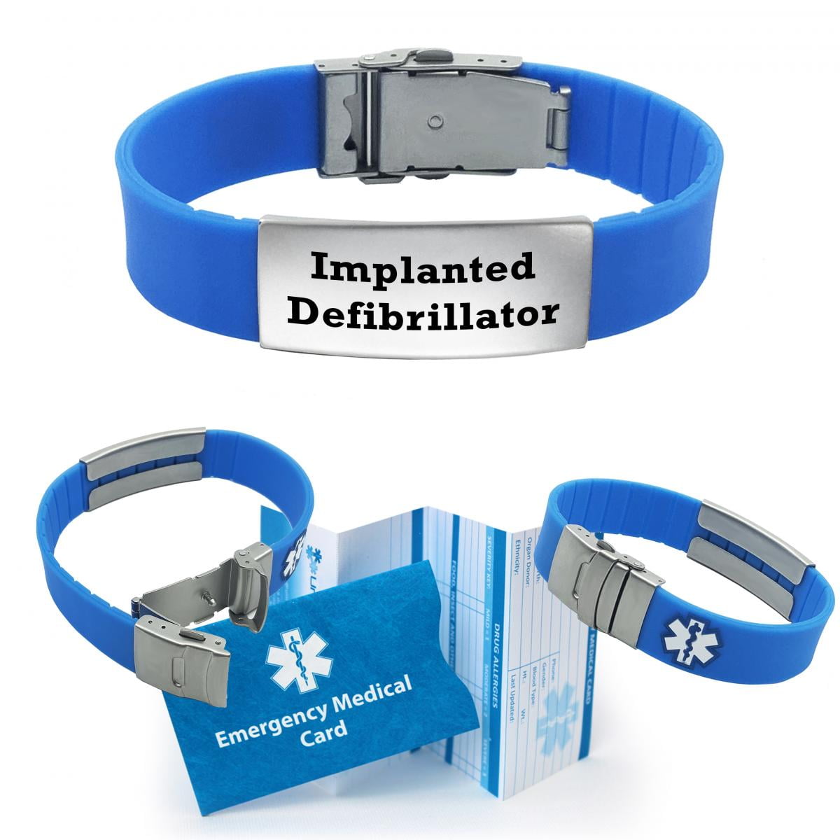Pre-engraved "IMPLANTED DEFIBRILLATOR" Blue Sport Medical ID Bracelet ...