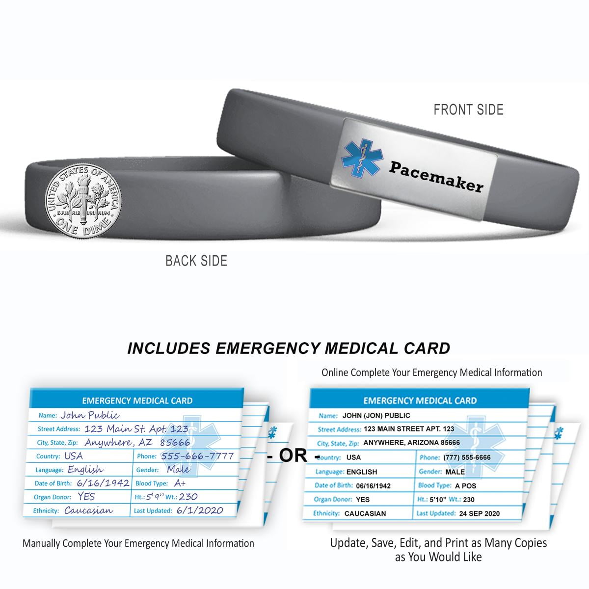 Pre-engraved "PACEMAKER" MedicBand Medical Alert Bracelets for Men and ...