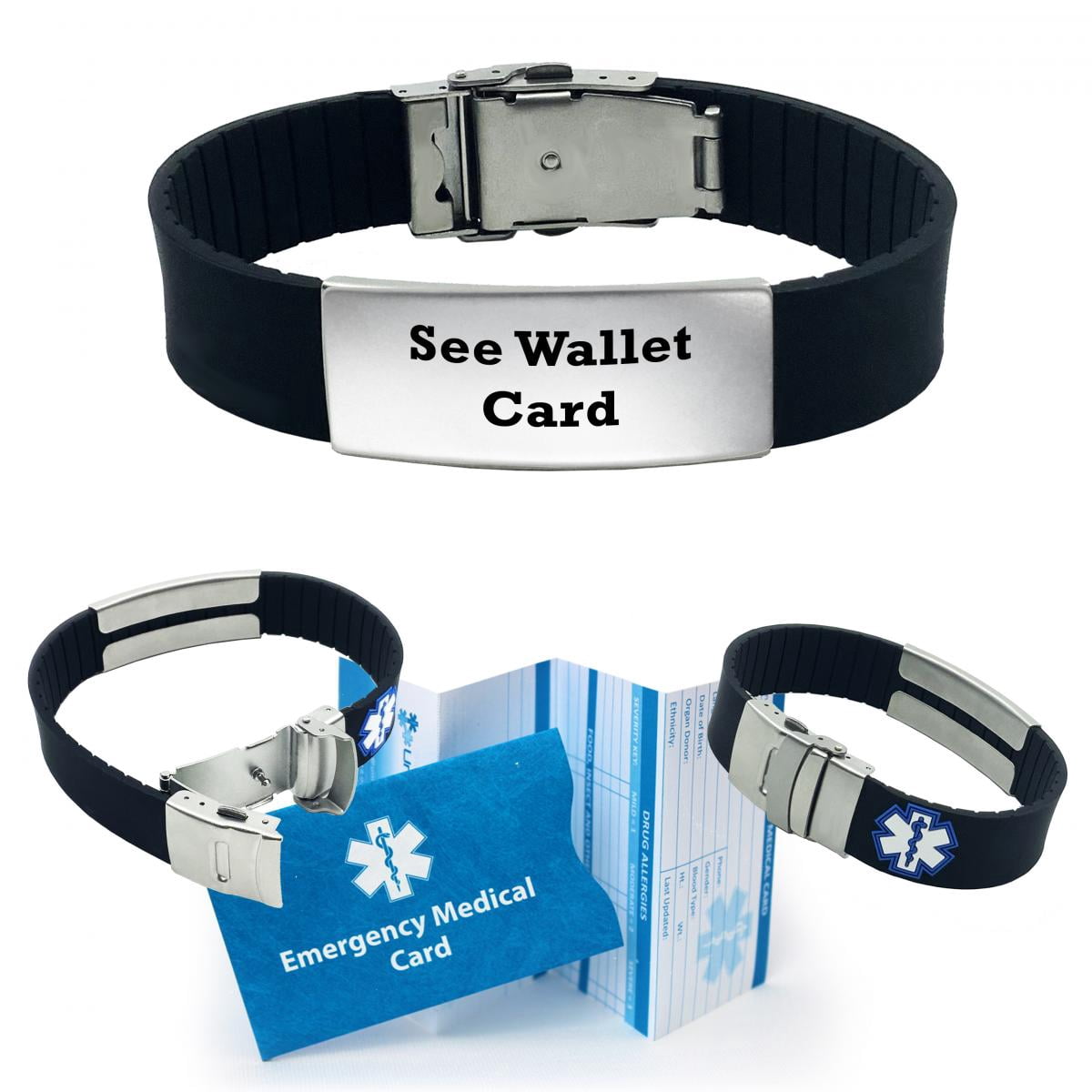 Pre-engraved "SEE WALLET CARD" Black Sport Medical Alert Bracelet for ...