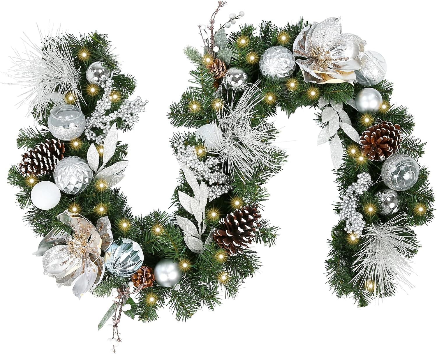 Pre-lit 6 Feet/72 Inch Christmas Garland, White & Silver Lighted ...