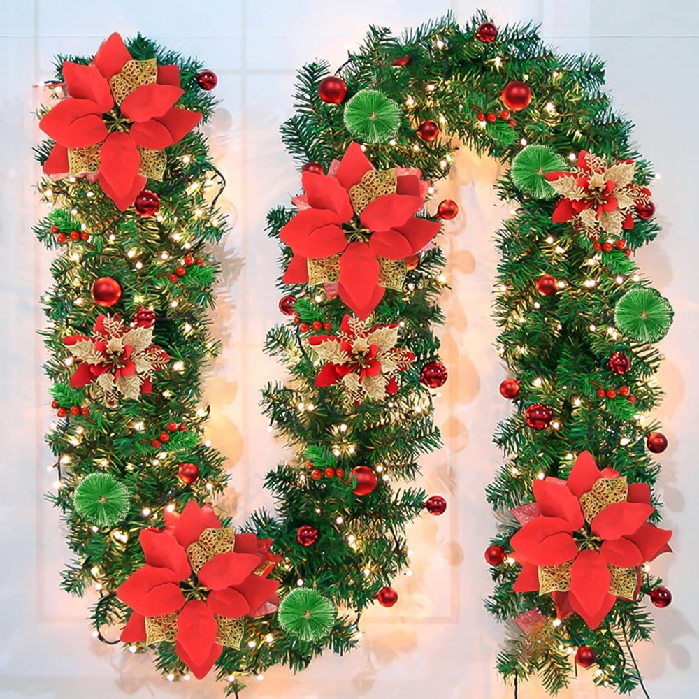Pre-lit Artificial Christmas Garland, Green Rattan with Red Flower ...