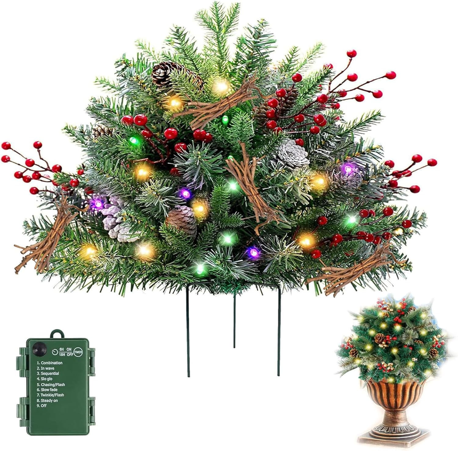 Pre-lit Artificial Christmas Tree Urn Filler, 18 Inch Lighted ...