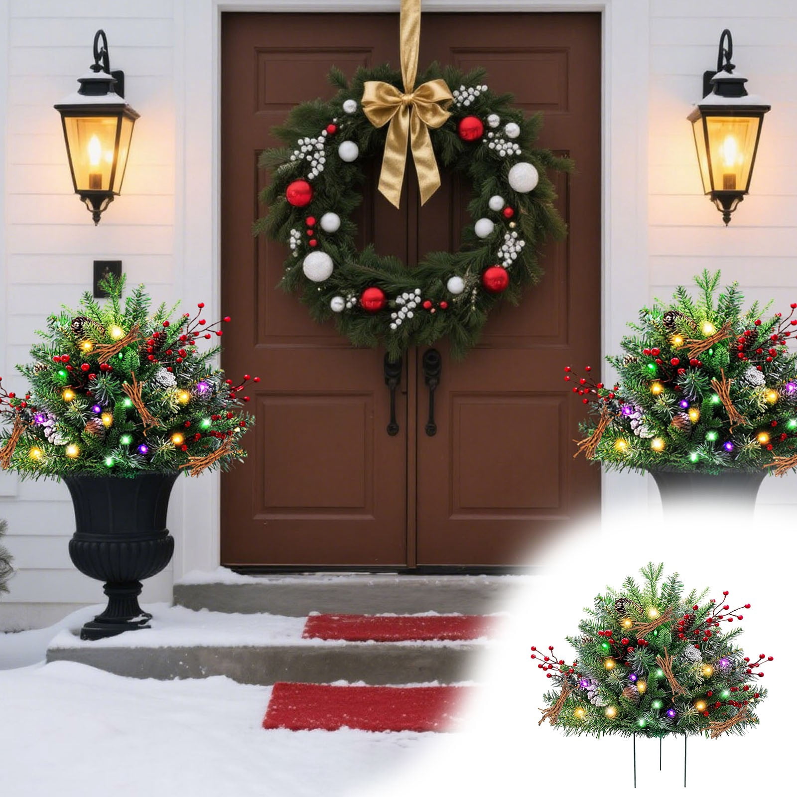 Pre-lit Artificial Christmas Tree Urn Filler, Faux Holiday Planter ...