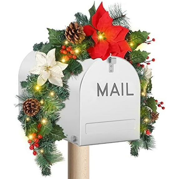 Pre-lit Christmas Mailbox Swag Garland with Poinsettias Flowers ...