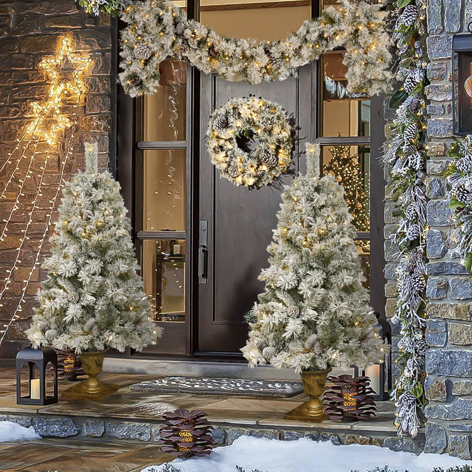 Pre-lit Holiday Christmas 4-Piece Set, Christmas Garland, Wreath and ...