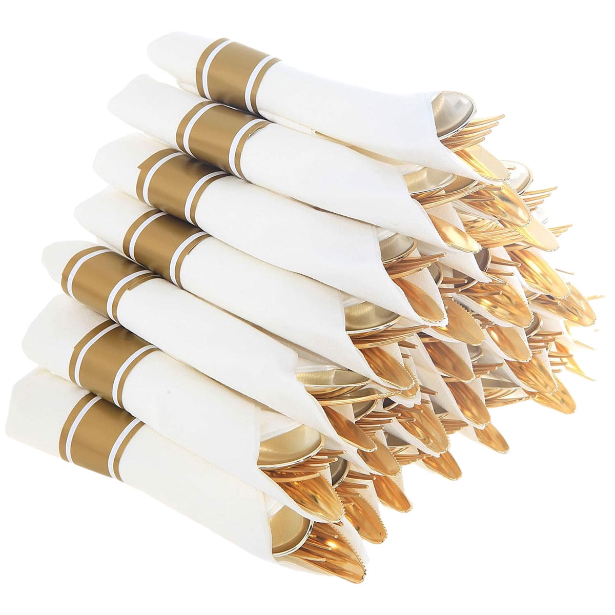 Pre-rolled napkins with gold plastic silverware, wrapped plastic ...
