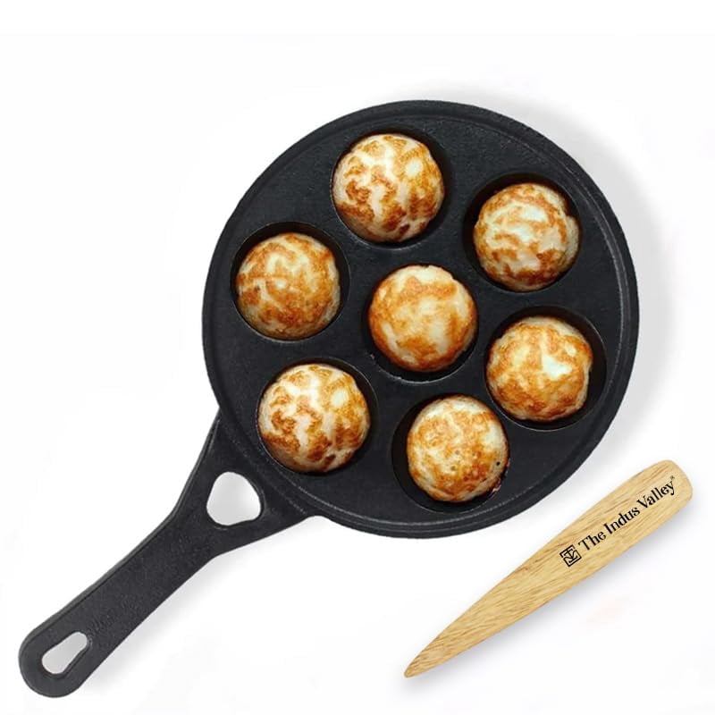 Pre-seasoned Black Cast Iron Paniyaram Pan With Free Wooden Picker | 7 ...