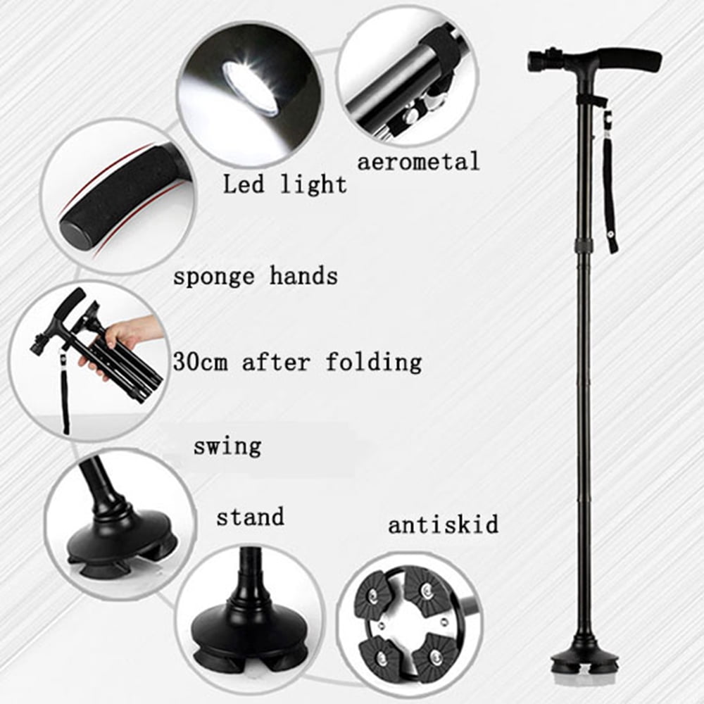 PreAsion Folding Cane LED Light Elderly Safety Walk Stick Black ...