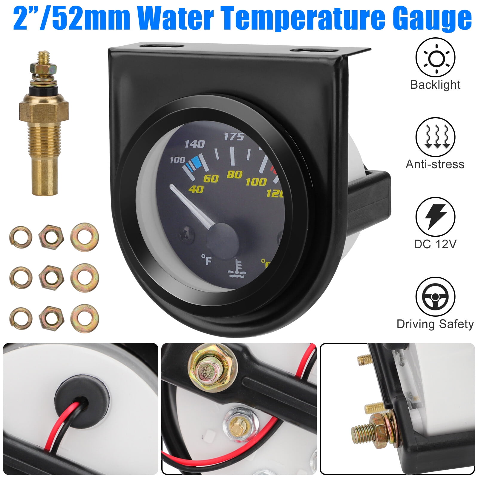 PrePat 2'' 52mm Mechanical Black Pointer Water Temp Temperature Gauge ...
