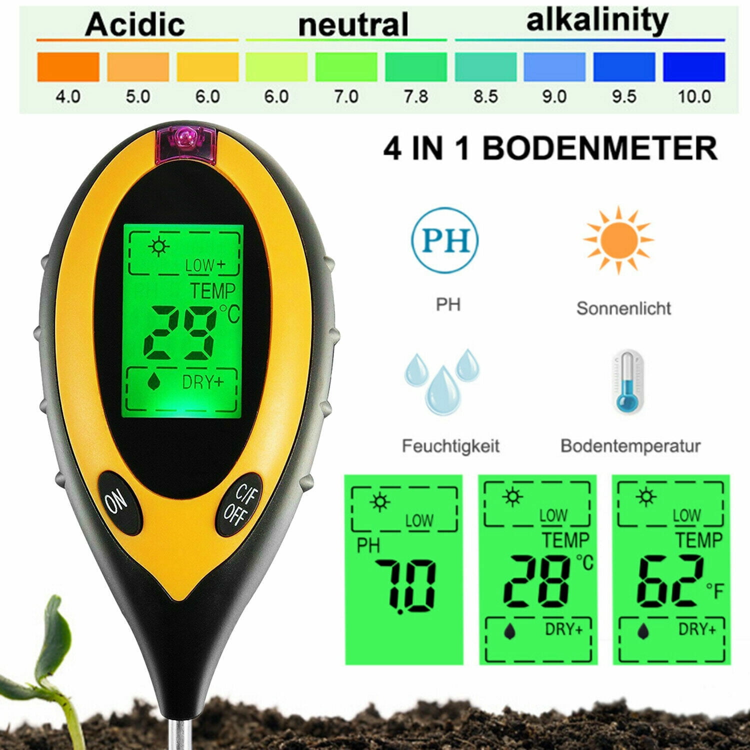 PrePat 4 in 1 PH Tester Soil Water Moisture Light Test Meter for Garden ...