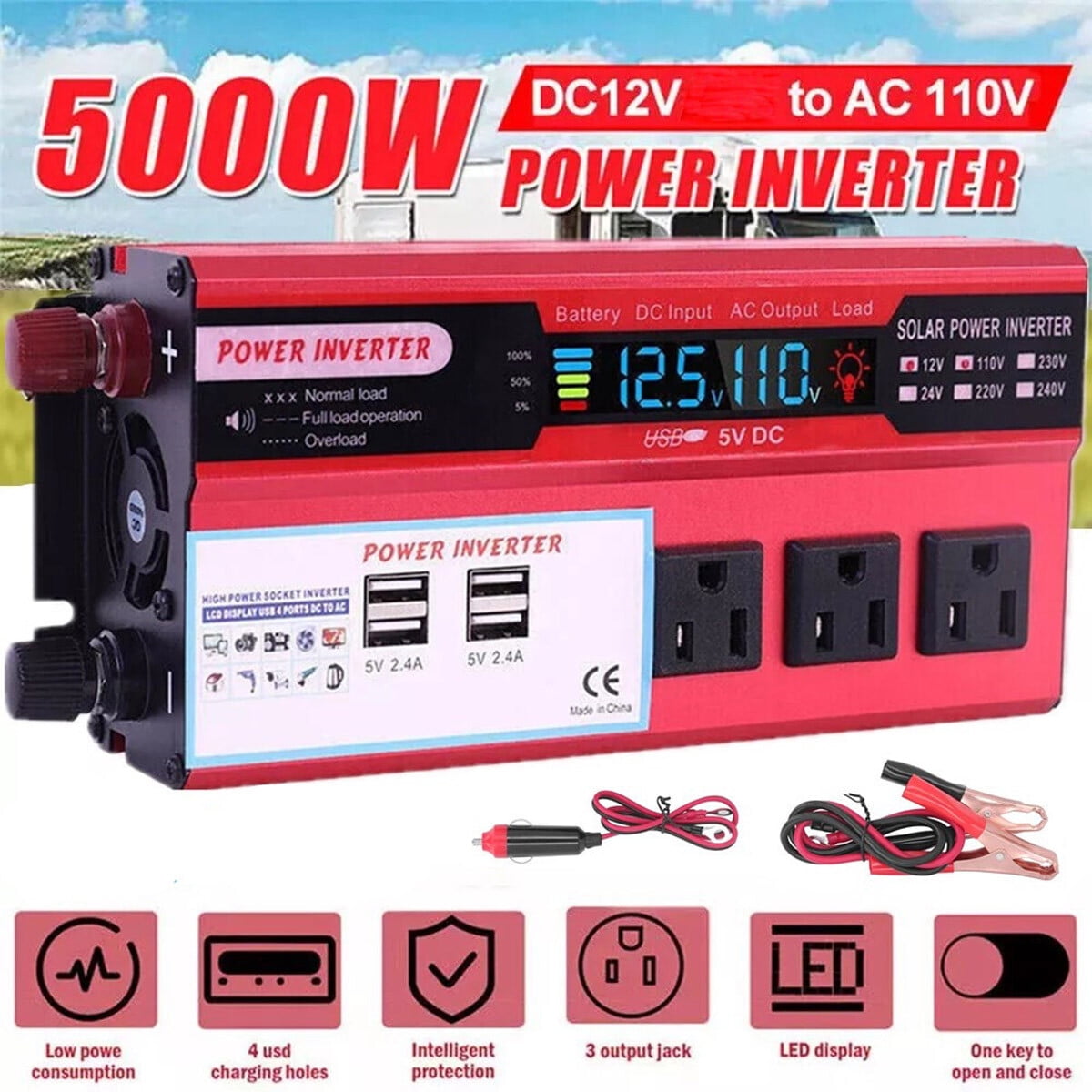 PrePat Car Power Inverter 5000W DC 12V To AC 110V Pure Sine Wave Solar ...