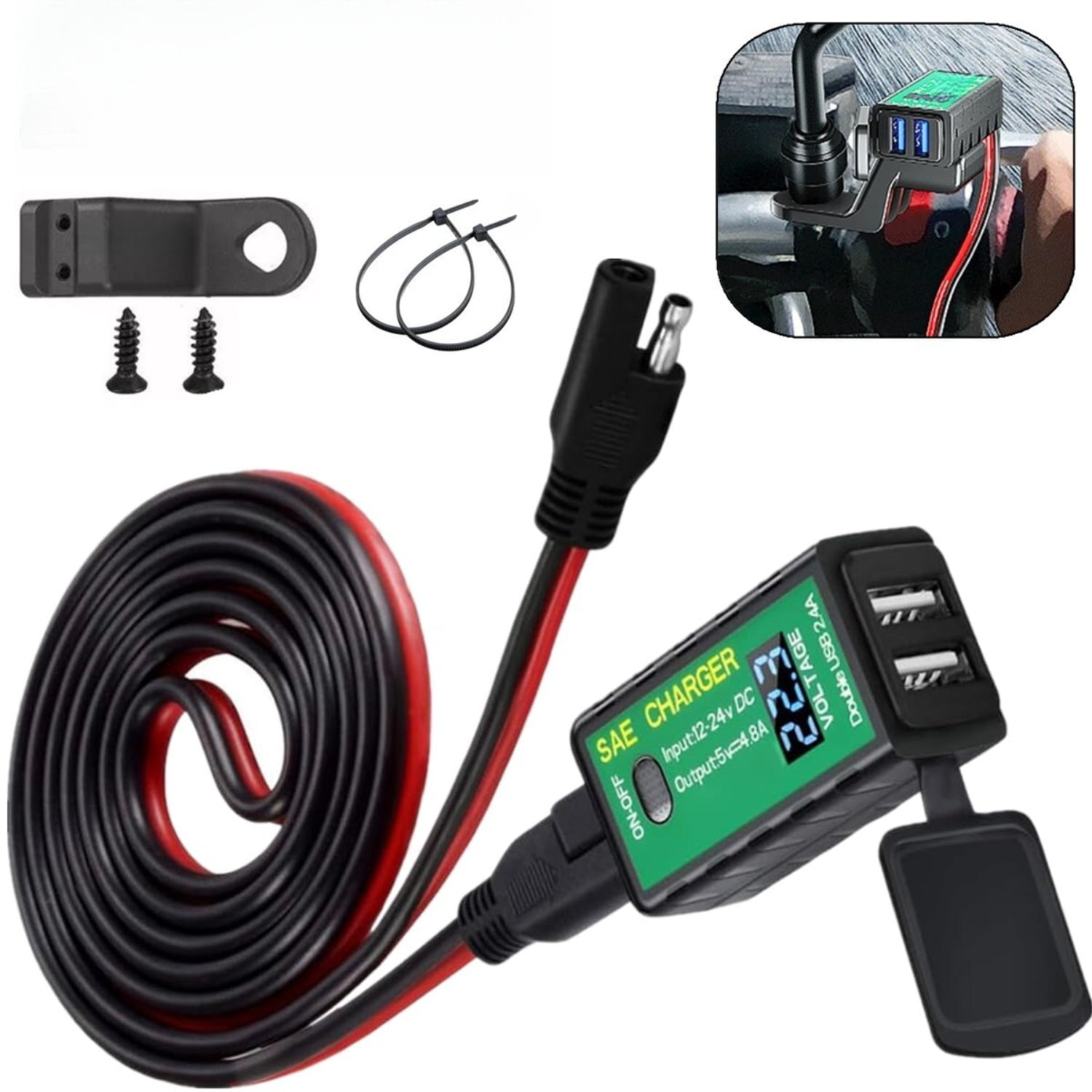 PrePat Waterproof Motorcycle SAE To Dual USB Charger Port Voltmeter ...