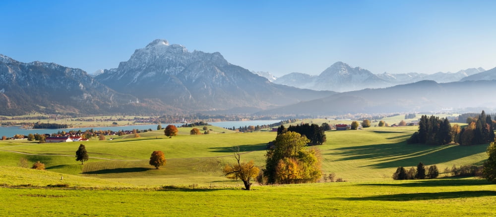 Prealps landscape with Forggensee Lake at sunset, Fussen, Ostallgau ...