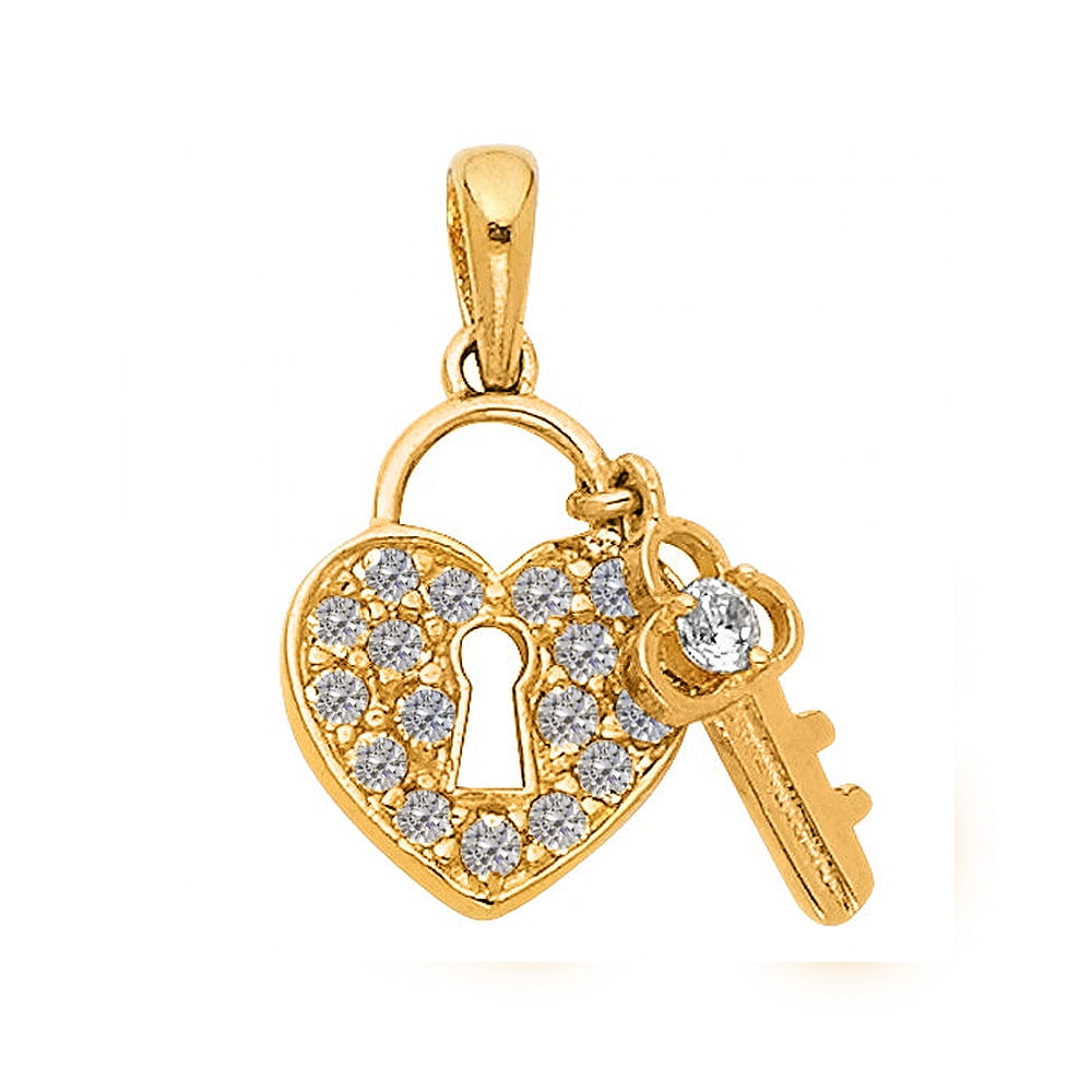 Precious Stars 14K Yellow Gold Cubic Zirconia Heart Lock and Key ...