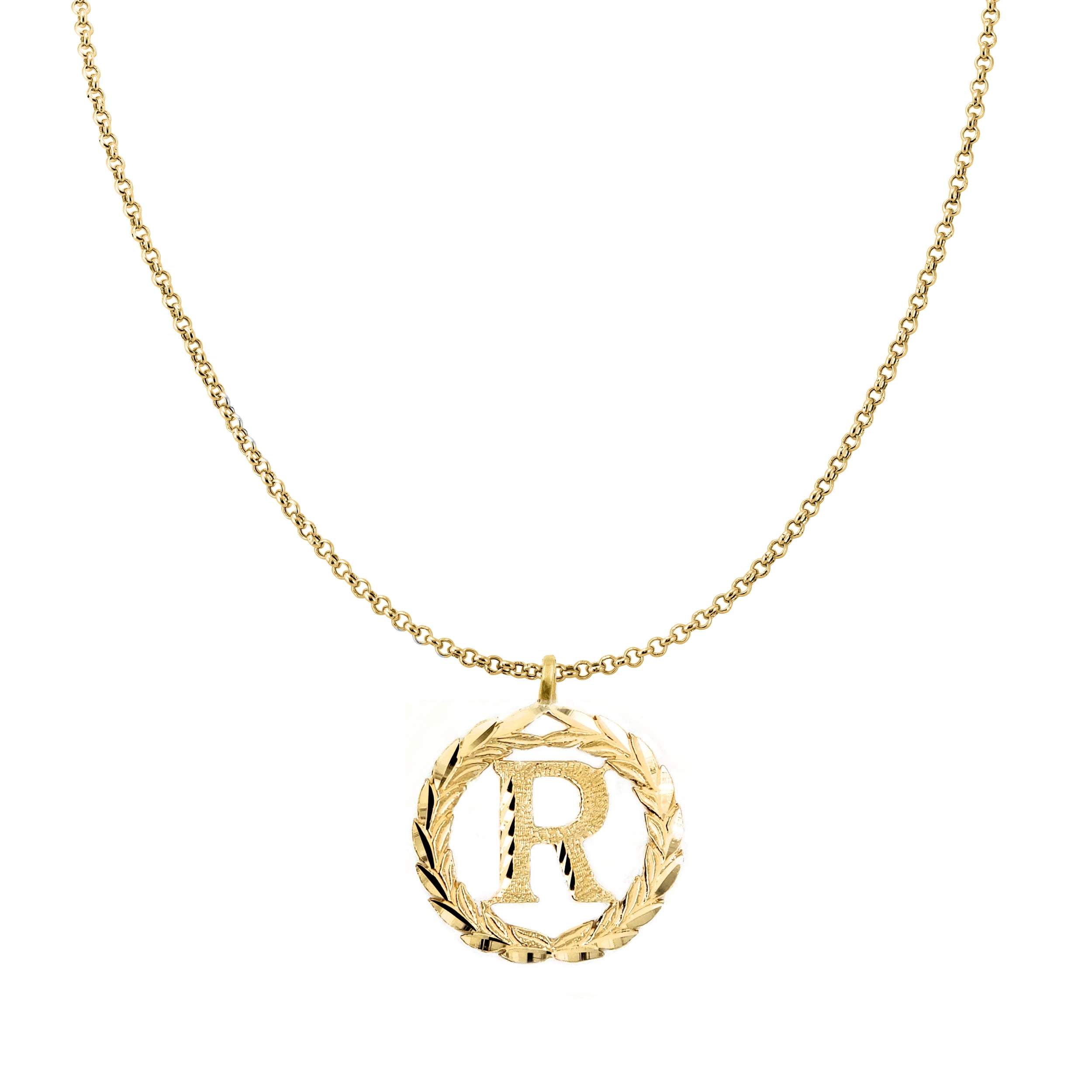 Genuine 14k Yellow Gold 0.78" Wreath Initial Letter R Pendant Necklace ...
