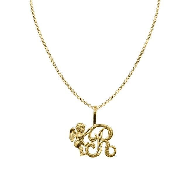 Precious Stars 16 in. 14K Yellow Gold Cherub & Cursive Initial Letter R ...