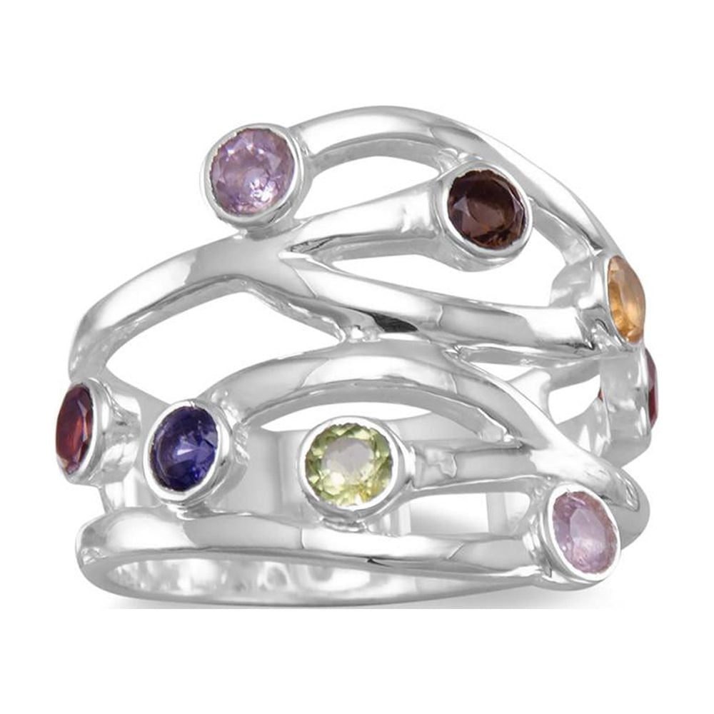 Precious Stars Sterling Silver Ladies Multi Gemstone Open Design Wide Ring - Walmart.com