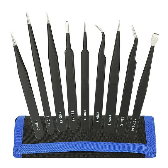 Precision Anti-Static Stainless Steel 9 in 1 Tweezers Kit Set For Electronics/Jewelry-Making ...