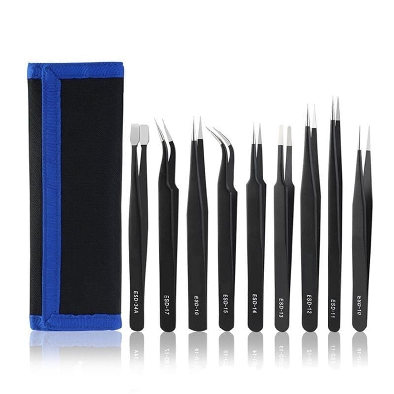 Precision Tweezers Set, 9 PCS ESD Tweezers Set, Anti-Static Stainless Steel Tweezers Kit, Multi ...