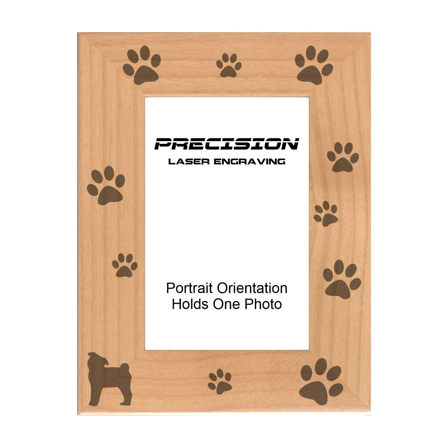 PrecisionNC Pet Frame Pug with Paw Prints Engraved Natural Wood Picture ...