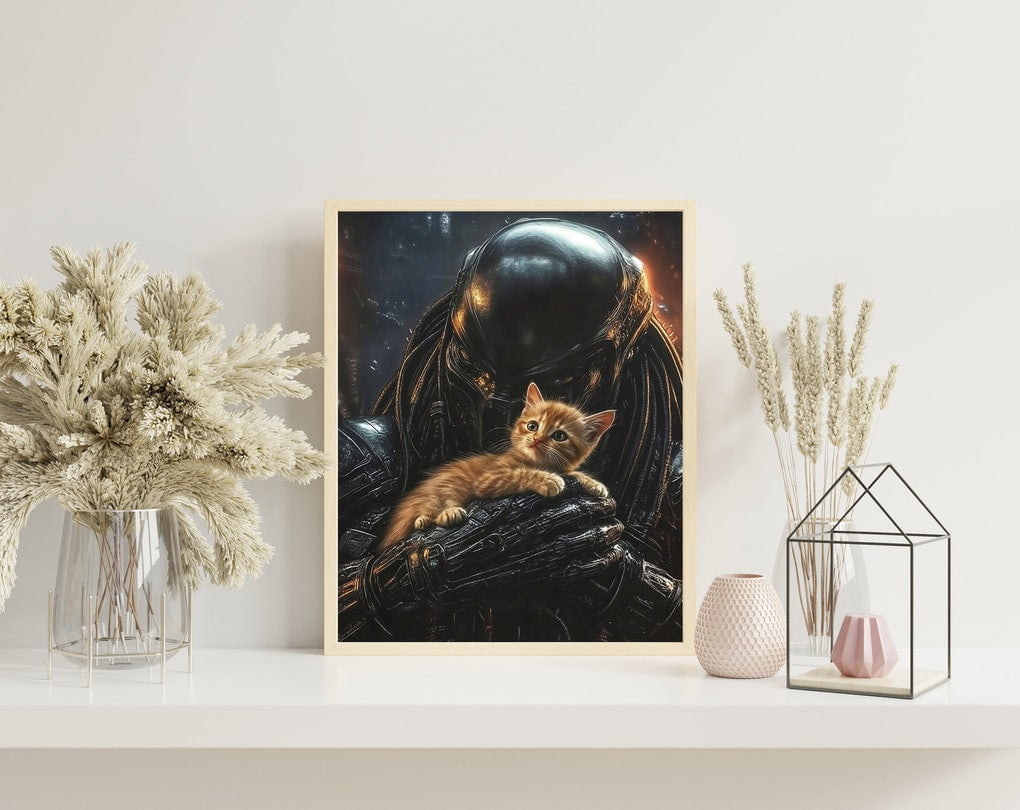 Predator Alien With Jonesy Cat Art Print, Cute Horror Poster For Sci-Fi ...