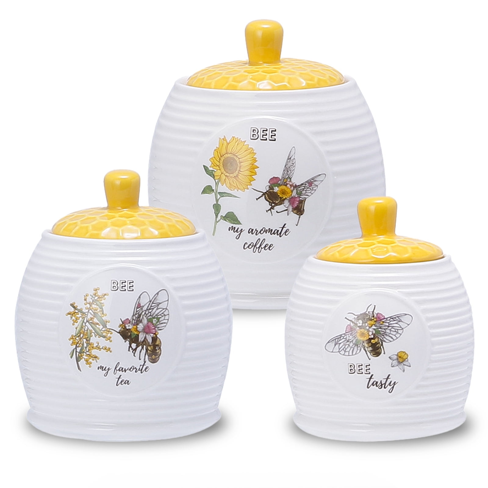 Prefdo Kitchen Storage Canisters Honey Bee & Flower Pattern Ceramic Tea ...