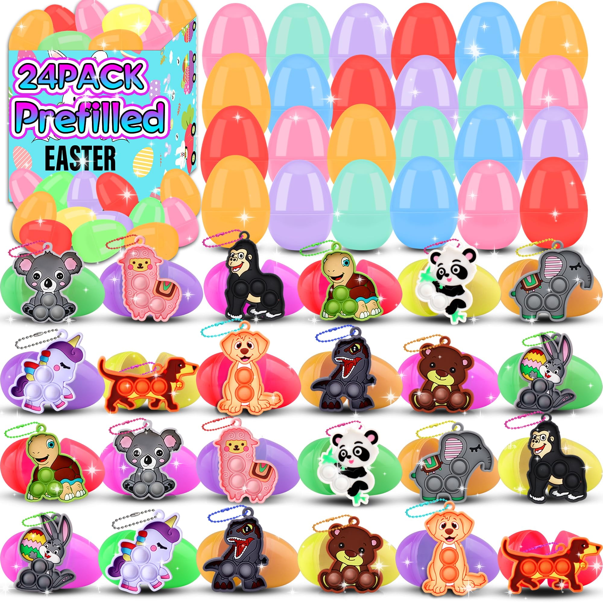 Prefilled Easter Eggs with Animal Pop Toys,24PACK Easter Eggs Filled ...