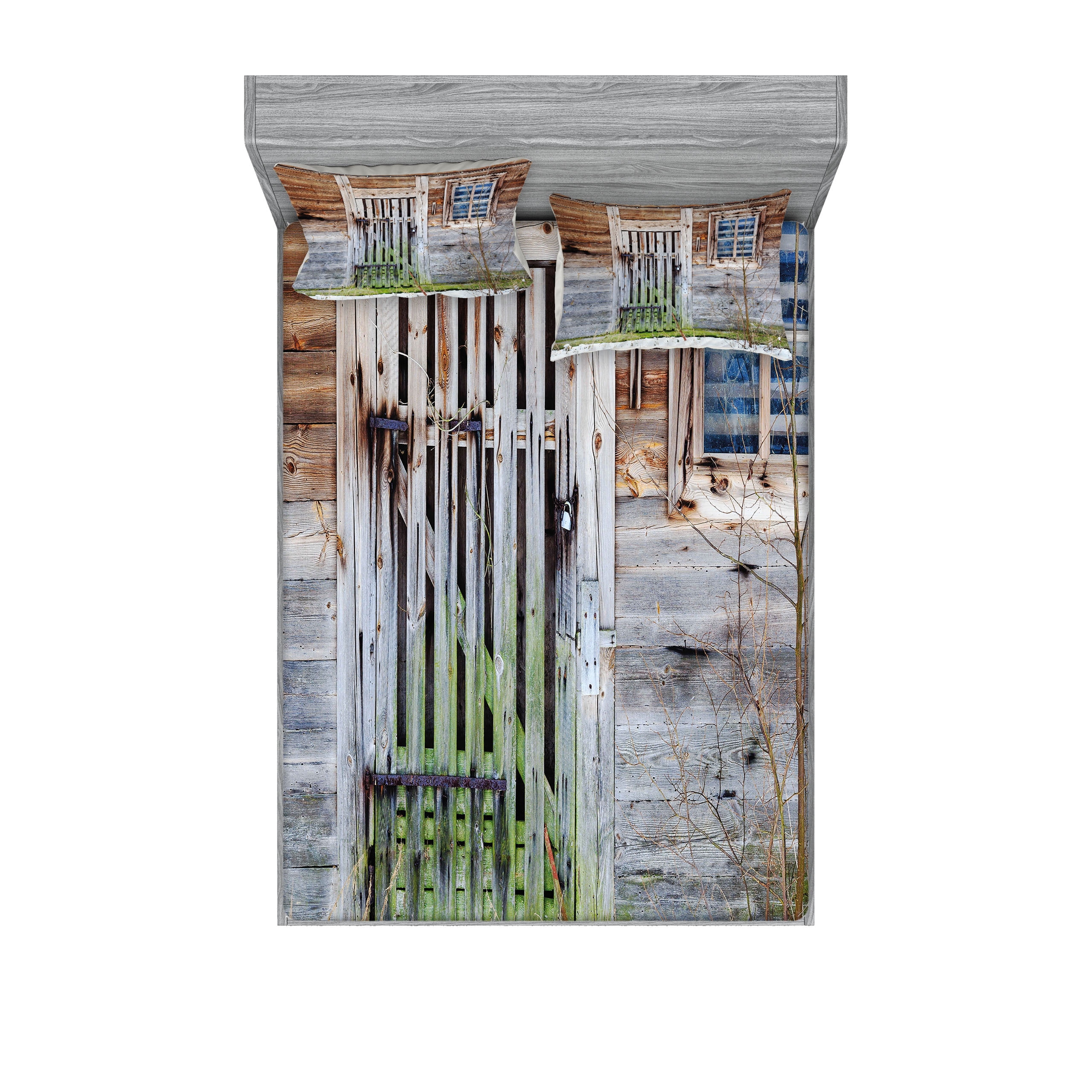 Prehistoric Country Fitted Sheet & Pillow Sham Set, Retro Neglected Old ...