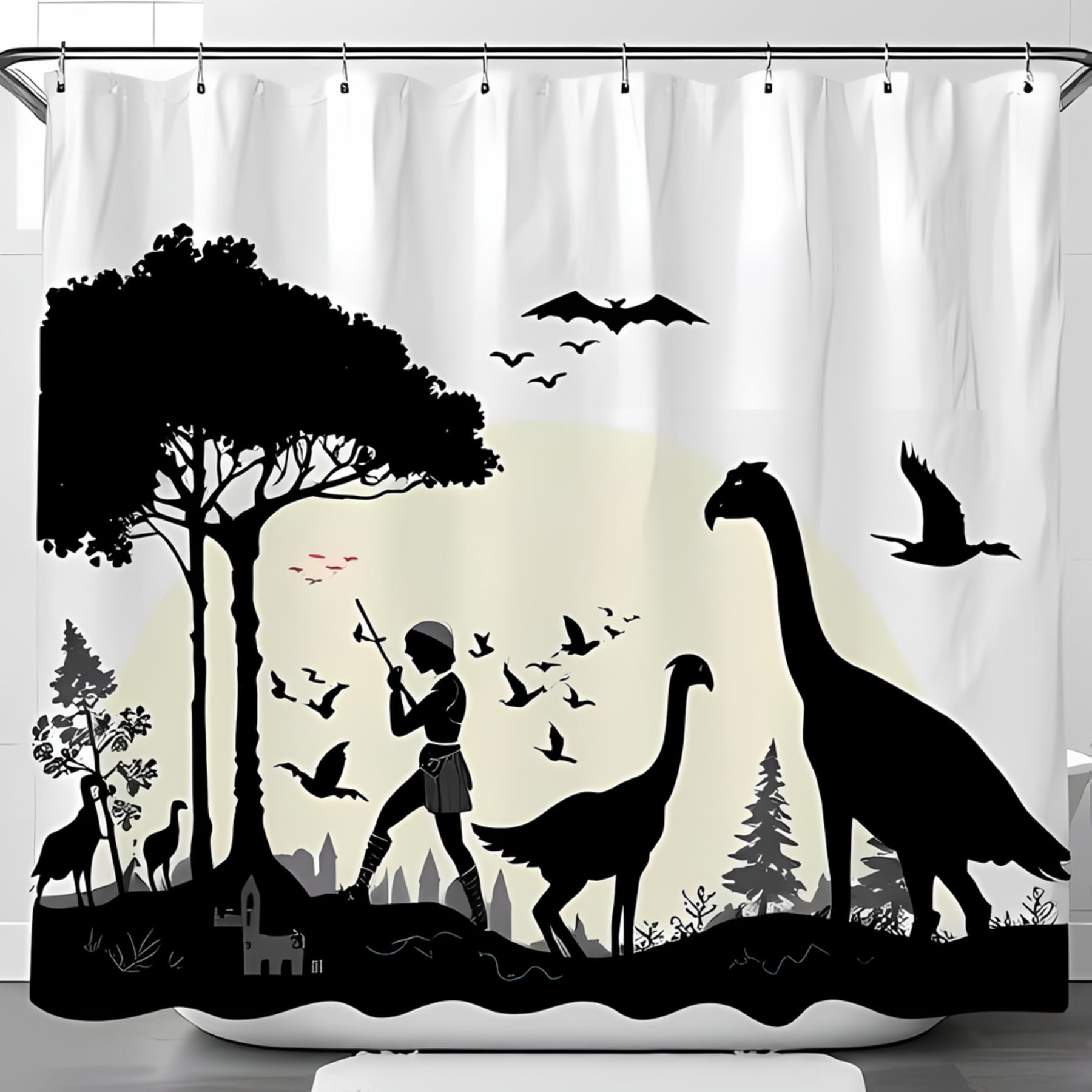Prehistoric Forest Shower Curtain - Stunning Design with Dinosaurs Birds and Ancient Trees ...