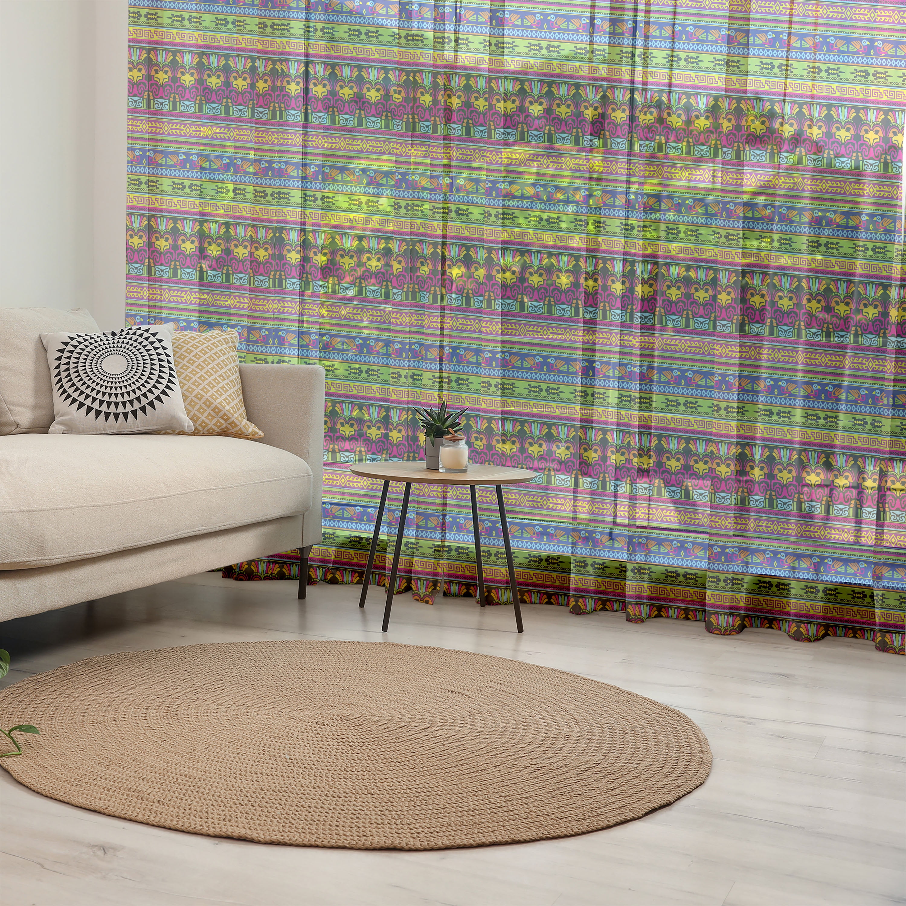 Prehistoric Tulle Curtains with Rod Pocket, Aztec Culture Pattern ...