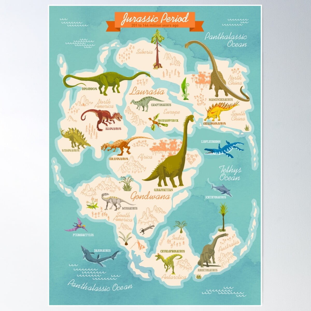 Prehistoric World Map Of The Jurassic Period With Plants, Dinosaurs ...