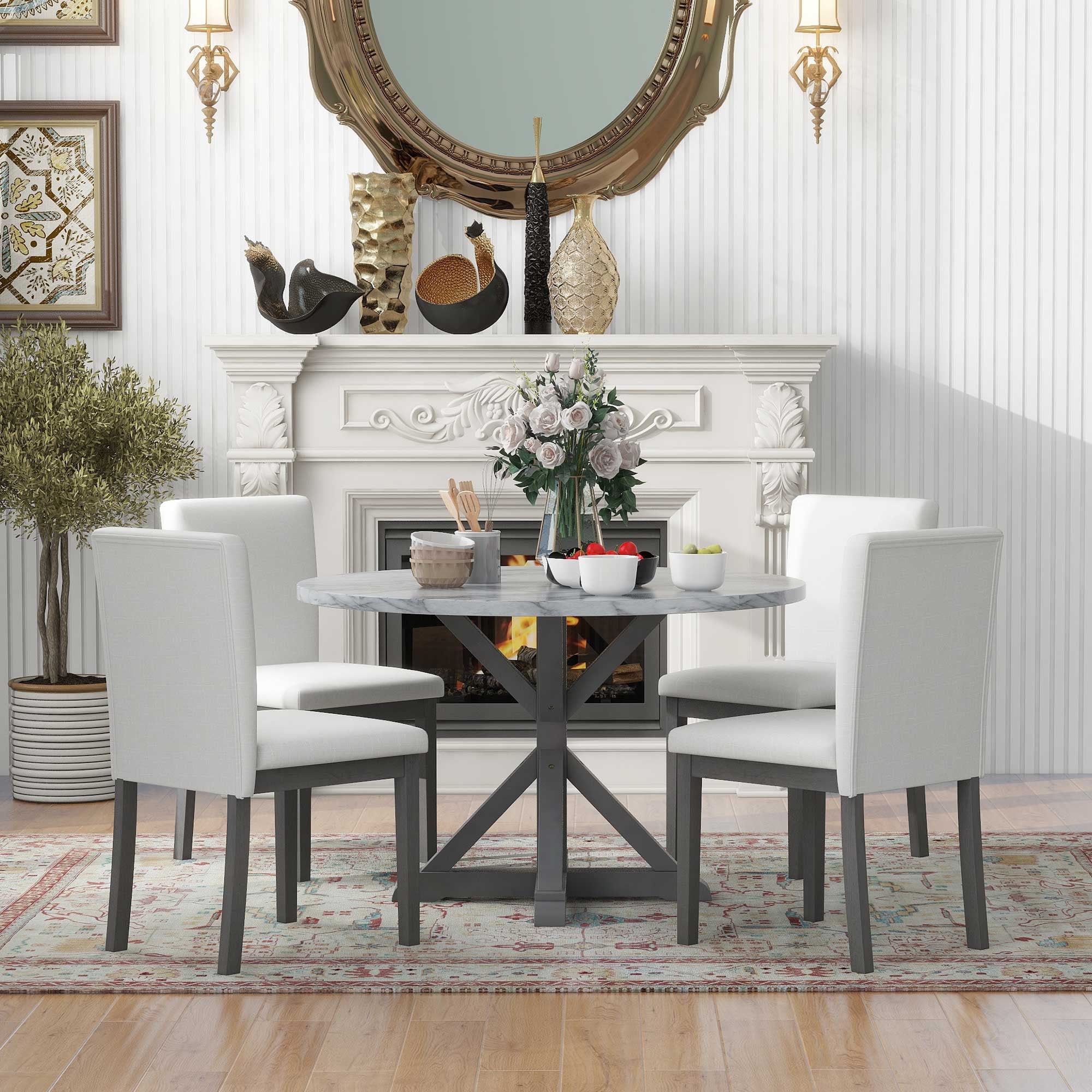 Prehome 5-Piece Farmhouse Style Dining Table Set, Marble Sticker and Cross Bracket Pedestal ...