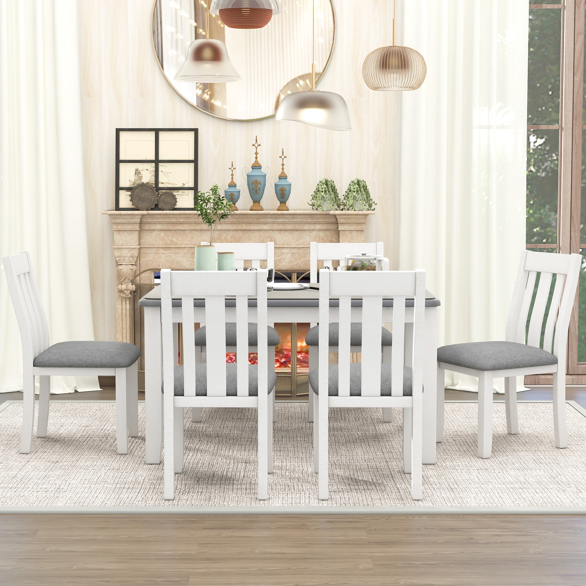 Prehome 7 Piece Dining Table Set, Farmhouse Kitchen Table Set with 6 ...