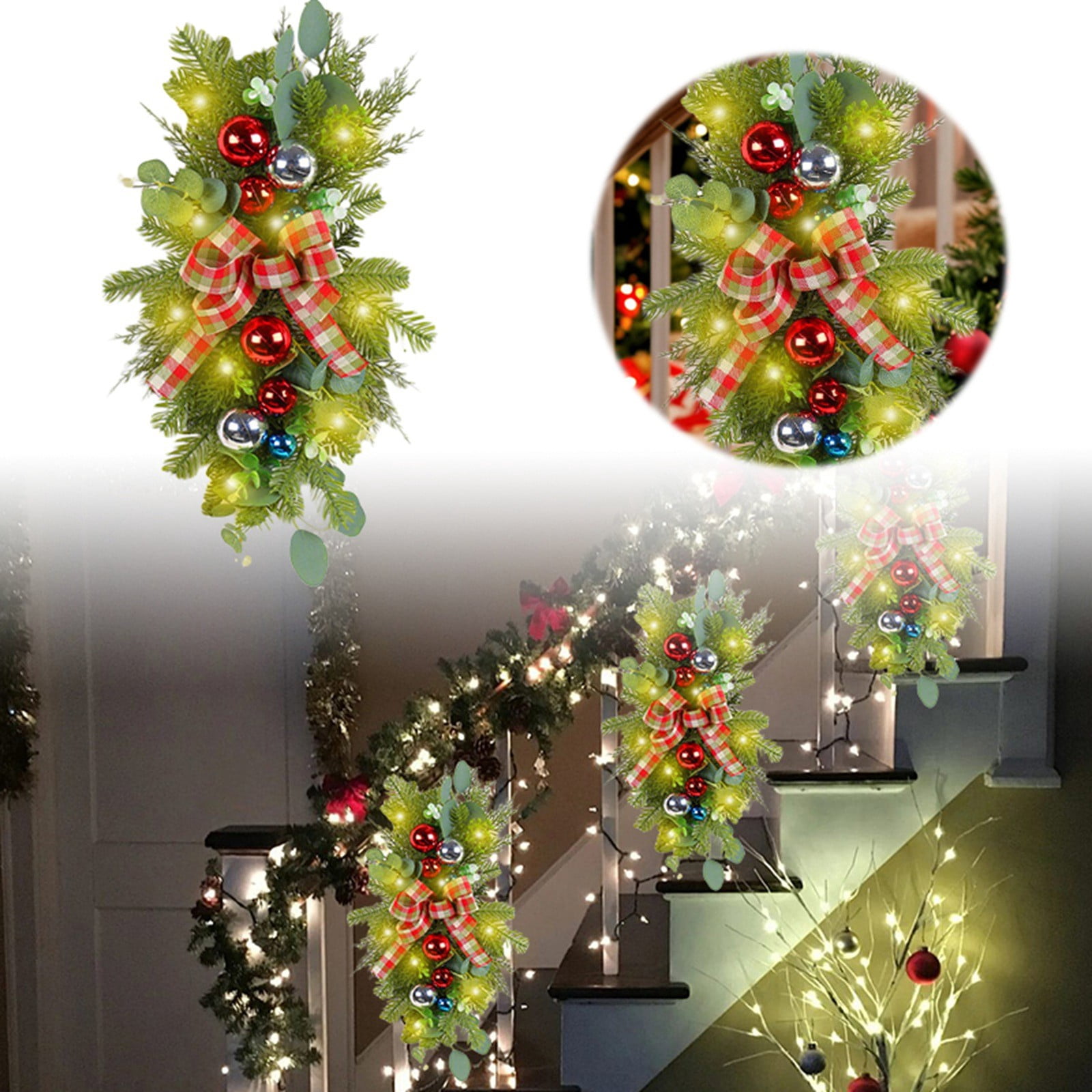 Prelit Christmas Stairs Swag with LED Lights, Cordless Artificial ...