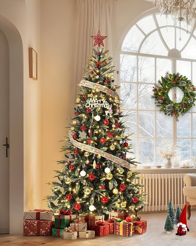 Prelit Christmas Tree with Lights 6.5ft - Premium Snow Flocked ...