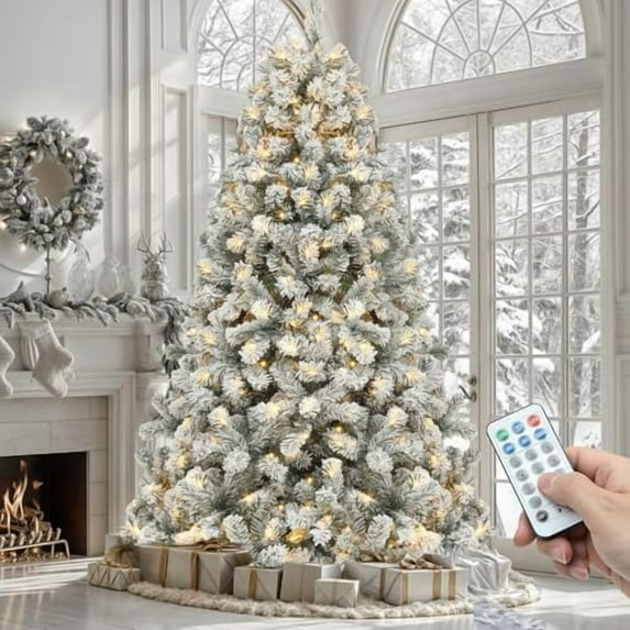 Prelit Snow Flocked Artificial Full Christmas Tree 9ft with Remote ...