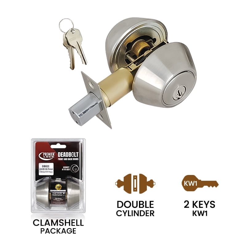 Premier Lock Double Cylinder Deadbolt, Stainless Steel, 2 KW1 Keys ...