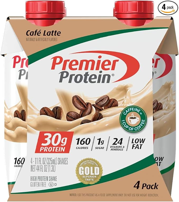 Premier Protein Shake, Café Latte, 30g Protein, 1g Sugar, 24 Vitamins & Minerals, Nutrients to ...