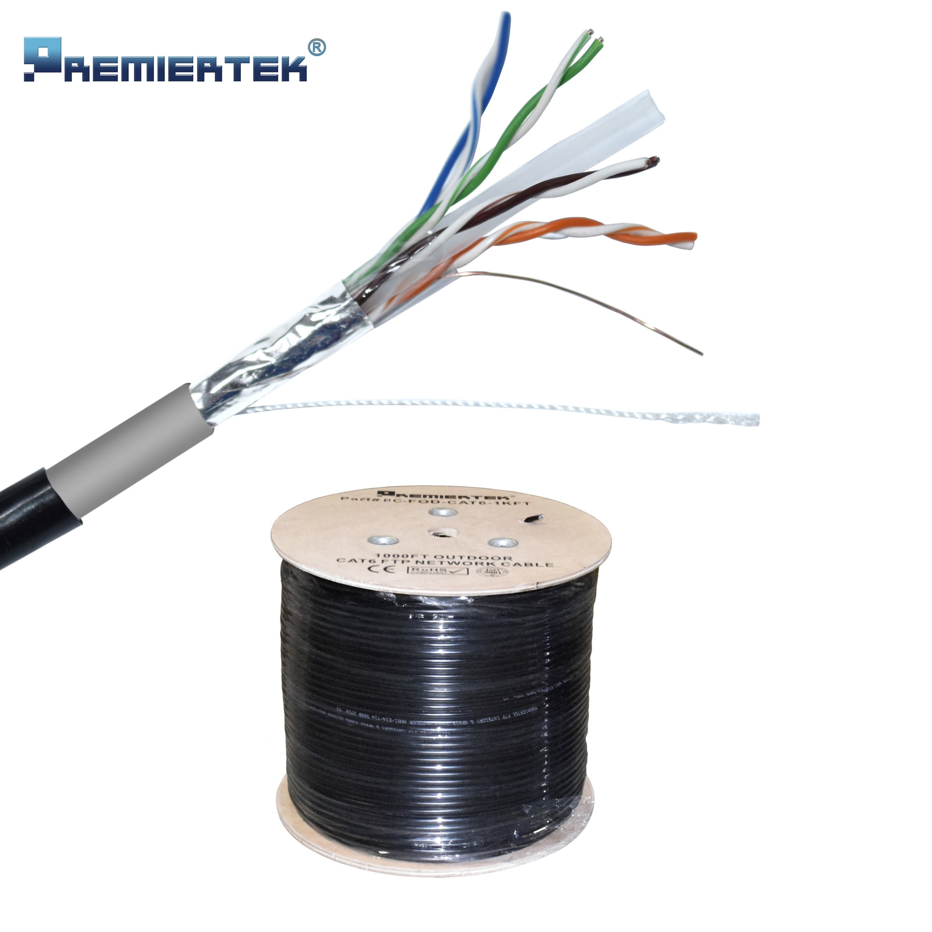 Premiertek Outdoor FTP 1000Ft Double Jacket Foil Cat6 23AWG Solid Pure Copper 4-pairs Premium ...