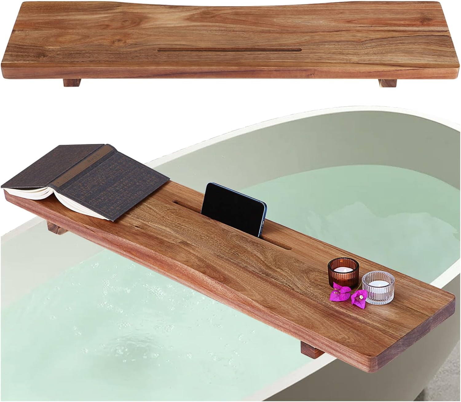 Premium 1.2IN Thickened Board Acacia Wood Bathtub Tray Caddy with ...