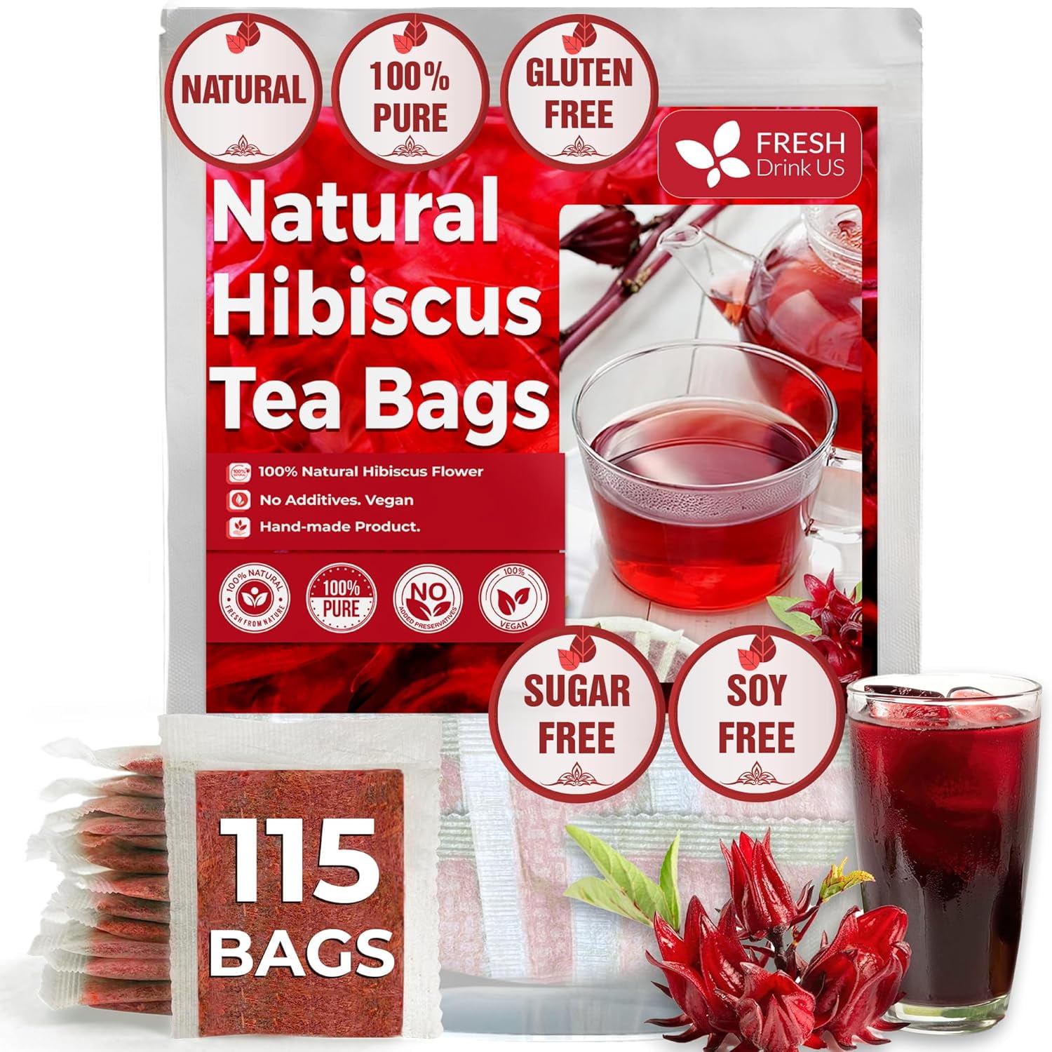Premium 115 Hibiscus Flowers Tea Bags, 100% Natural & Pure from ...