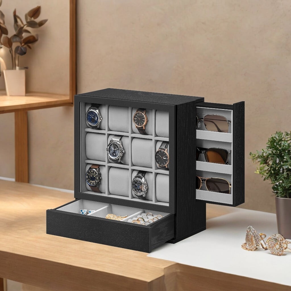 Premium 12-Slot Wooden Watch Box, Display Case with Window, Solid Wood ...