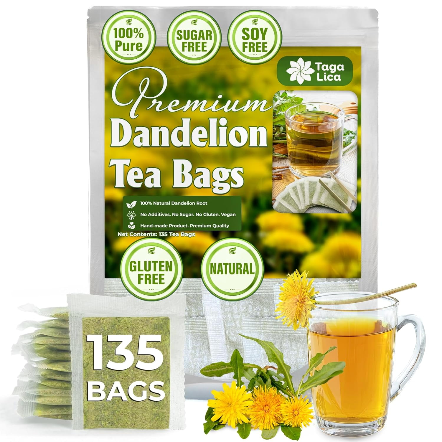 Premium 135 Dandelion Root Tea Bags, 100% Natural & Pure from Dandelion ...