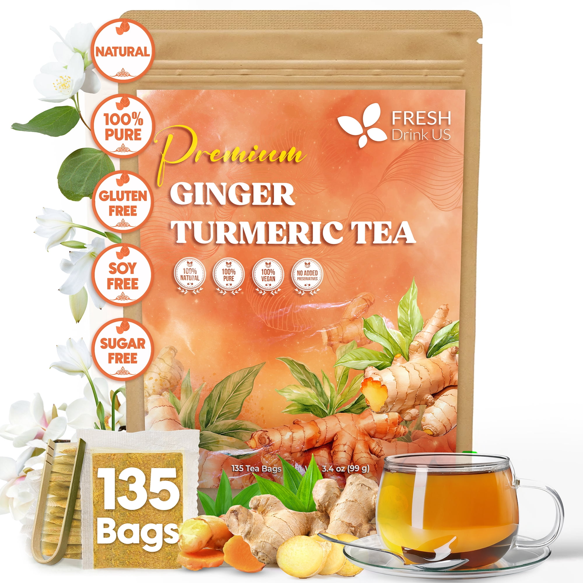 Premium 135 Turmeric Ginger Tea Bags, 100% Natural Ingredients, Hand ...