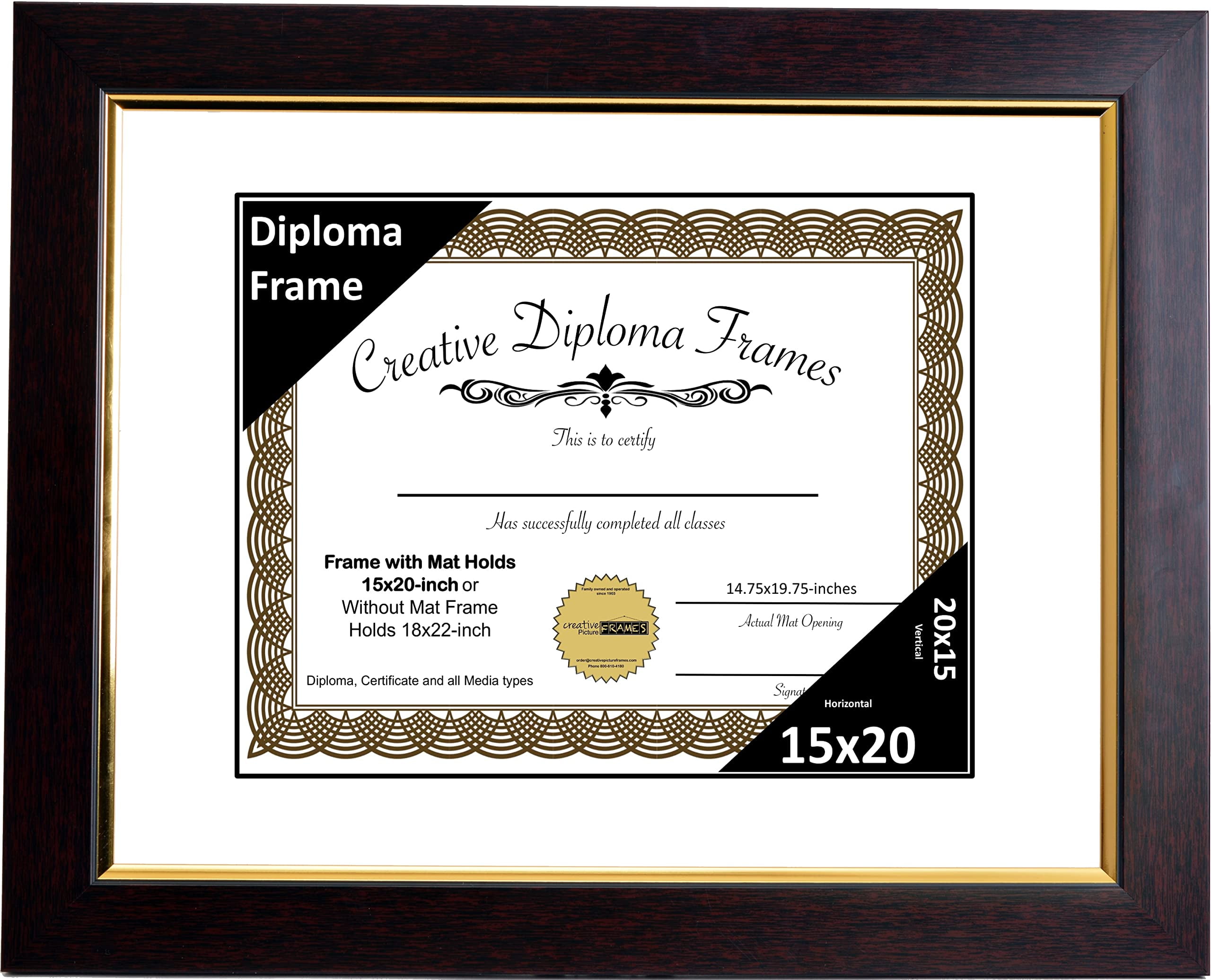 Premium 15x20 Diploma Frame Mahogany Gold Edge, White Mat Glass Wall ...