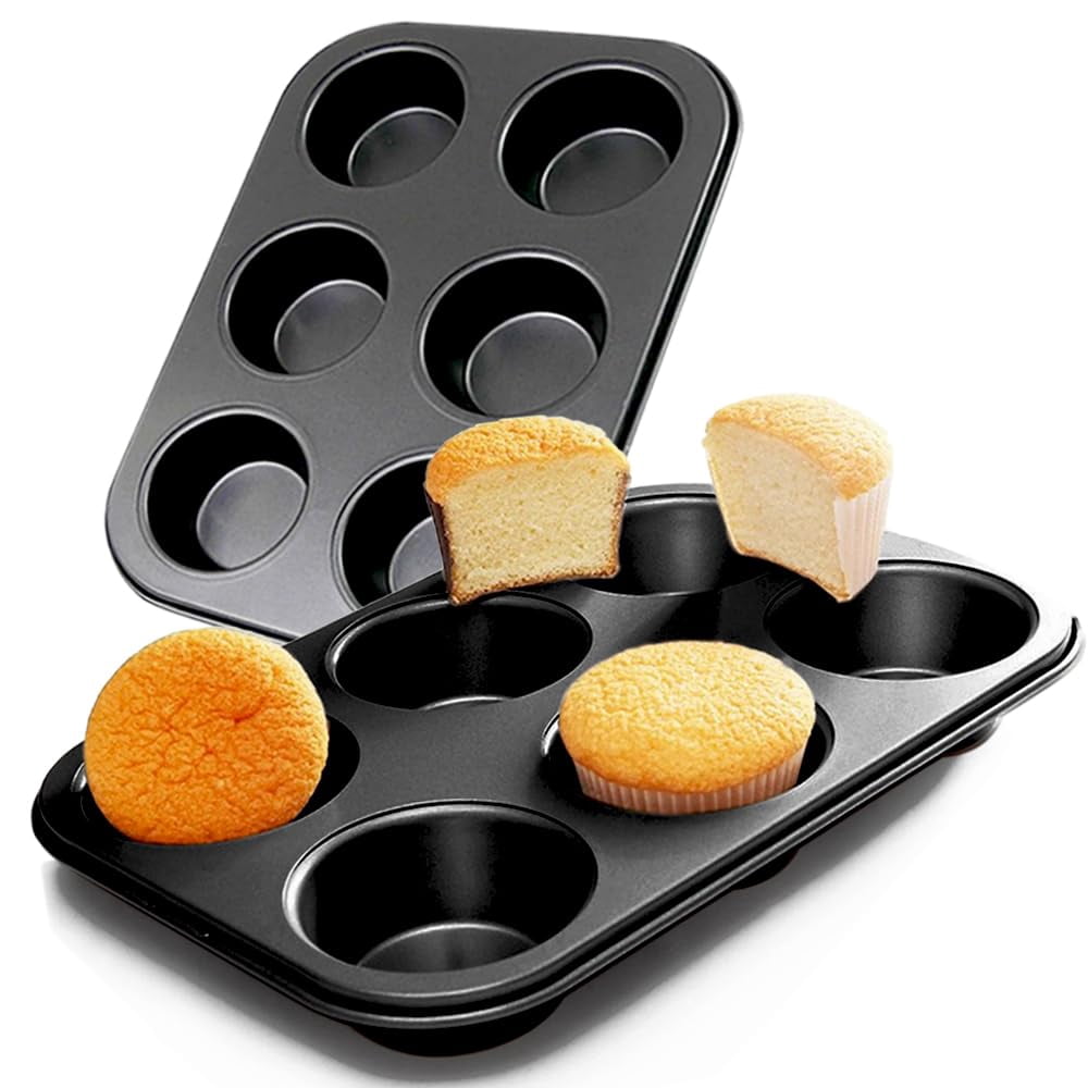 Premium 2 Pack Muffin Baking Pan, 6 Cup Round Steel Muffin Tray ...
