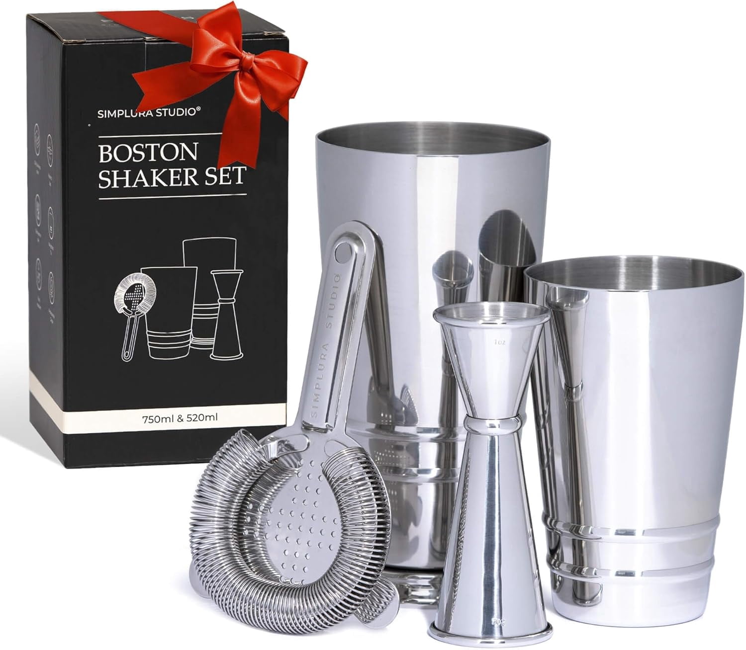 Premium 4-Piece Boston Cocktail Shaker Set w/Hawthorne Strainer ...